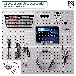 JWX Standing Shelf Unit, White Home Office Garage cabinets with Metal Pegboard and 15 Pieces Organizer Tool Holders