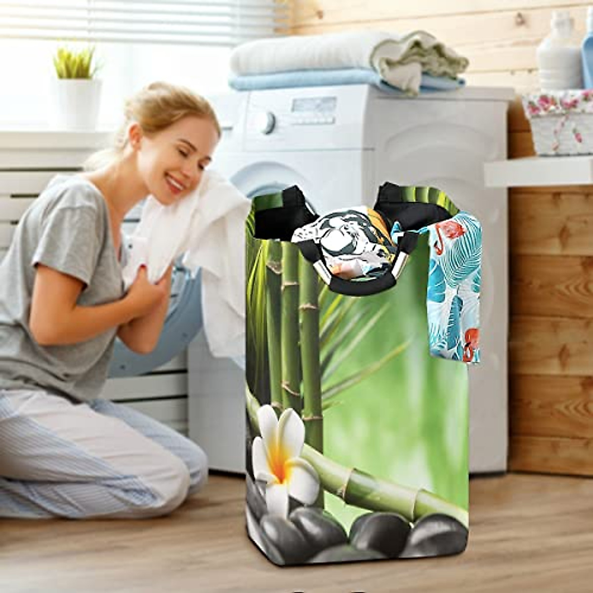Zen Basalt Stone Bamboo and Blossom Flowers Collapsible Laundry Basket Fabric Laundry Hamper Foldable Clothes Bag Folding Washing Bin for College Student