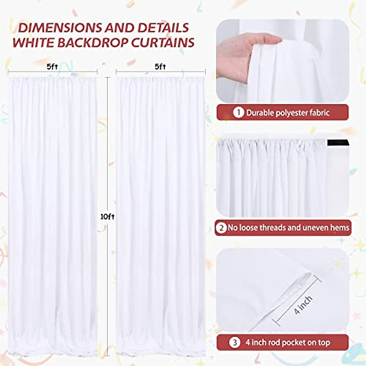 White Backdrop Curtains 5ft x 10ft Photo Photography Background Wrinkle Free Polyester Fabric 2 Panels Drapes for Parties Wedding Baby Shower Birthday Home Party Decor