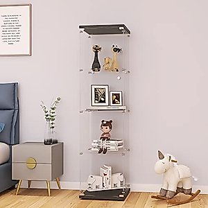 LFT HUIMEI2Y Glass Display Cabinet 4-Shelf with Door and Lock, Curio Cabinets Upgraded Quick-Install Style 5mm Tempered Glass Floor Standing Bookshelf for Bedroom, Living Room 64”x 17”x 14” Black