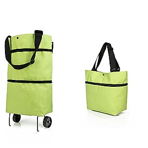 2 in 1 Foldable Shopping Carts for Groceries with Wheels, Waterproof Large Folding Expandable Shopping Bag, Collapsible Washable Cart Grocery Bags Tote Bag Green
