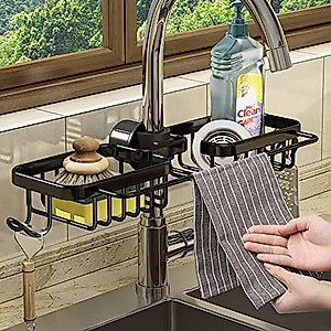 FWEHIO Faucet Sponge Holder with Hook Soap Dishcloth Hanger Brush Sink Caddy Drain Rack Space Aluminum Soap Sponge Brush Scrubber Sink Caddy Organizer (Double, Black)