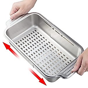Choxila Extendable Over the Sink Colander Stainless Steel Strainer Basket - Wash Vegetables and Fruits, Drain Cooked Pasta and Dry Dishes - Extendable (8.3 W x 13.2-17.5 L x 3 H)