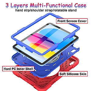 BMOUO Case for iPad 10th Generation - with Screen Protector, 360 Rotating Stand & Pencil Holder & Hand Shoulder Strap Shockproof Case for iPad 10th Generation 10.9 inch 2022, Red