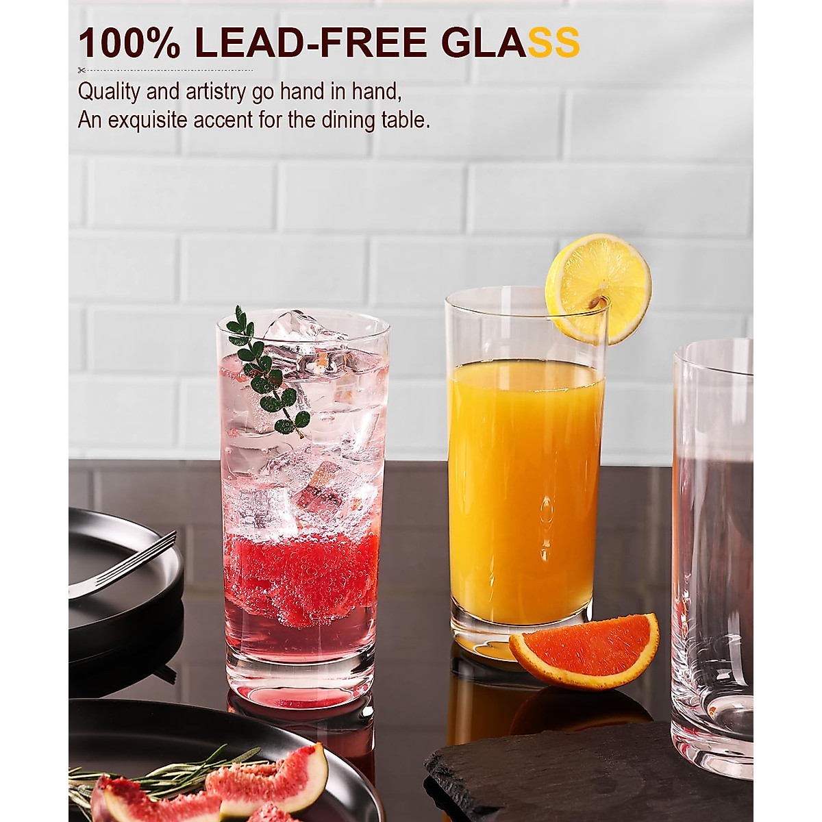 LUNA & MANTHA Drinking Glasses Highball Glasses Set of 6, Water Glasses 16oz, Wide Mouth Design Lead-Free Crystal Glassware, Cocktail Glasses Drinking Set, Tall Glass Cups for Mojito and Tom Collins