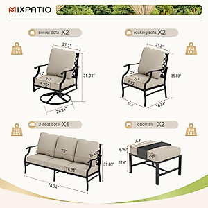 MIXPATIO Patio Furniture Set 7 pcs, Outdoor Patio Furniture, 3-Seat Sofa, 2 Single Chairs, 2 Swivel Chairs, 2 Ottomans and 5.75" Extra Thick Cushion, Patio Conversation Set for Backyard Deck,Beige