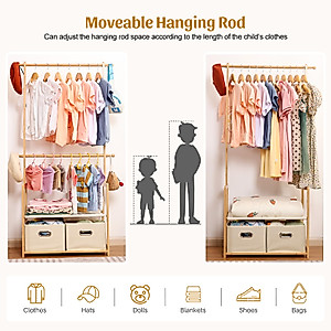 Vilaxing Kids Clothing Rack Bamboo with 2 Storage Baskets and 2 Adjustable Hanging Rods,Child Garment Rack,Dress up Rack for Playroom,Toddlers Bedroom (Natural)
