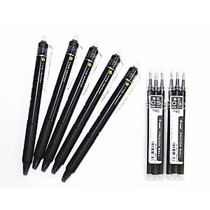 Pilot Frixion Ball Knock Retractable Erasable Gel Ink Pens,fine Point, - 0.5 Mm - Black Ink- Value set of 5 & 6 Gel Ink Pen Refill Pack
