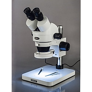 AmScope SM-1BS-144S Professional Binocular Stereo Zoom Microscope, WH10x Eyepieces, 7X-45X Magnification, 0.7X-4.5X Zoom Objective, 144-Bulb LED Ring Light, Pillar Stand, 110V-240V