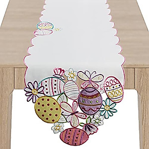 OWENIE Easter Table Runner, Embroidered and Cutwork Colorful Eggs Table Runner for Easter Holiday and Spring Season Table Decor, 13 x 70 Inch Cute Dresser Scarves