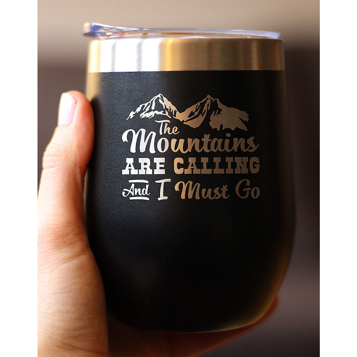 Mountains Are Calling - Wine Tumbler Glass with Sliding Lid - Stemless Stainless Steel Insulated Cup - Outdoor Hiking & Camping Gift - Black