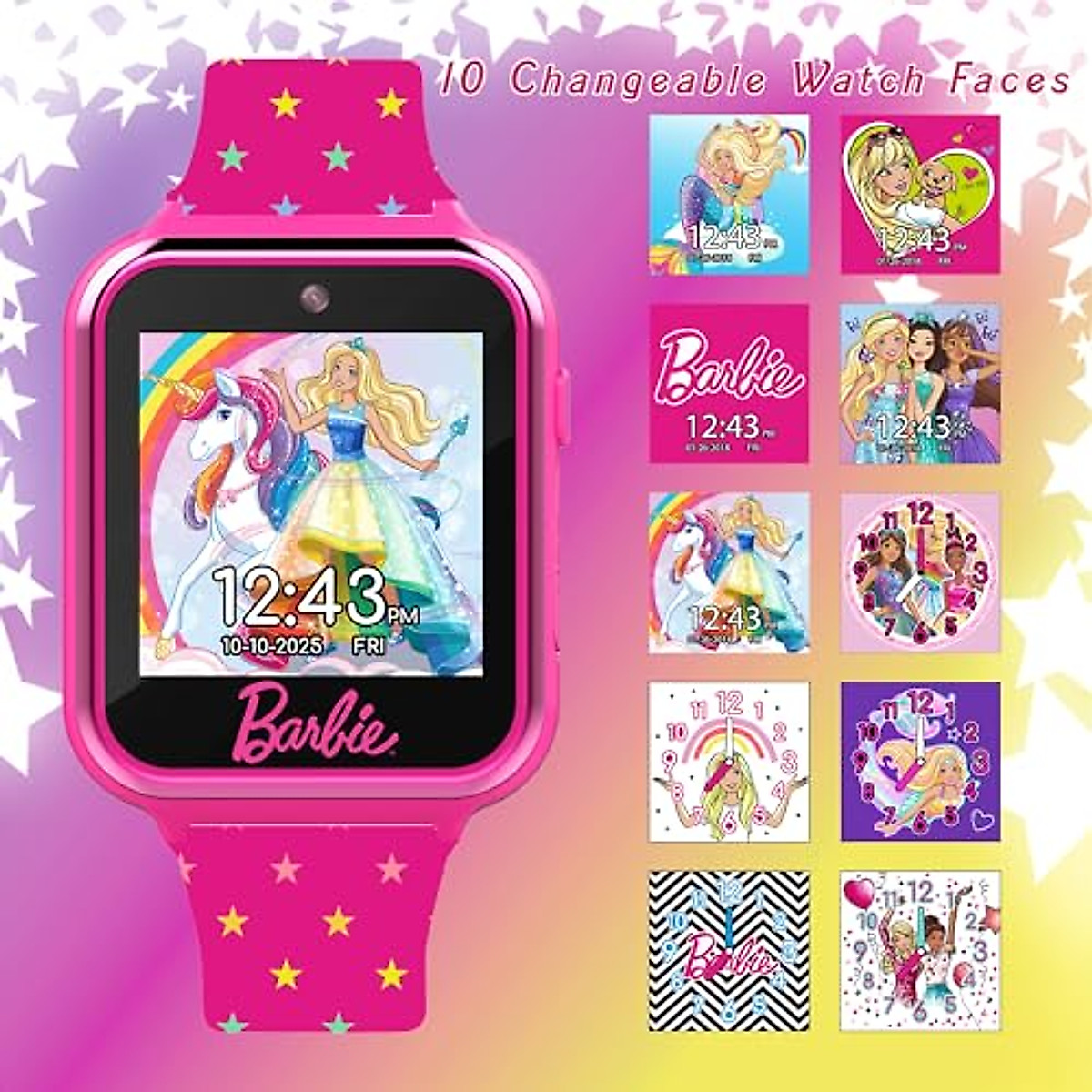 Barbie Kids Smart Watch - Interactive Touchscreen with Games, Selfie Camera, Step Tracker, Alarm, and Stylish Printed Silicone Strap - Fits Wrists 5.5" to 8.5"