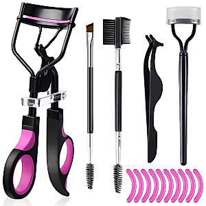 Eyelash Curlers Eyebrow Brush Kit for Women w Lash Curler, Eyelash Comb Seperator, Mascara Brushes, Eyelash Extension Tweezers, Angled Eyebrow Brush and Comb, 10 Silicone Refills Pads for Lash & Brow