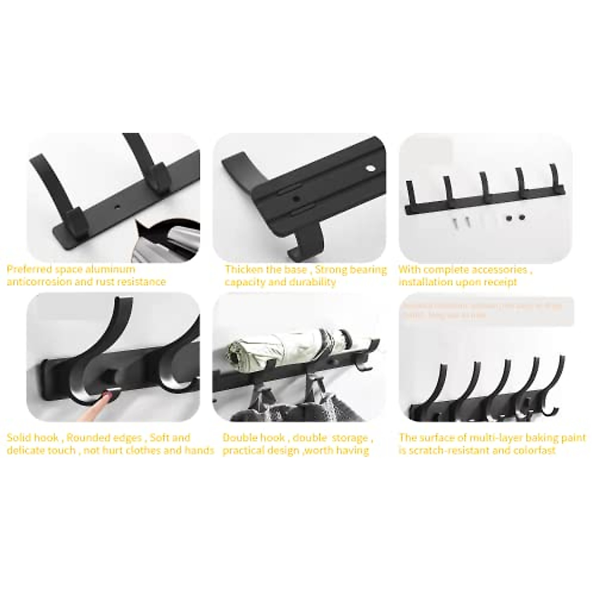 Hook Hanger with 5 Heavy Duty Metal Hooks for Hanging Coats Towels Hats Clothes, Suitable for Bedroom,Kitchen,Restroom,Bathroom Etc,Wall Mounted,Black