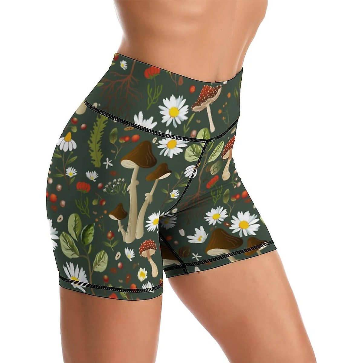 Green Flower Mushroom Daisy Camouflage Floral Women's High Waist Bike Shorts for Workout Sports Athletic Running Hiking Biker Yoga Gym XL Size