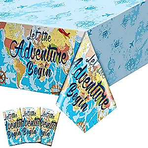 Frienda 3 Pcs Adventure Awaits Tablecloth Bon Voyage World Map Tablecloth Plastic Adventure Disposable Table Cover for Travel Retirement Wedding Graduation, 108 x 54 Inches, Blue