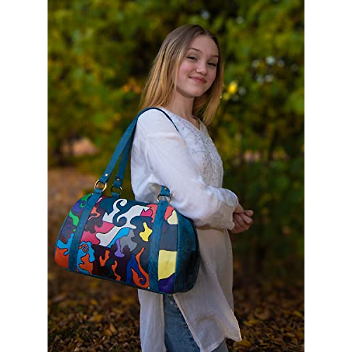 Women's Hand Painted Genuine Leather Handbag - Shoulder Bag - Hobo, by Evi's Bags. Unique, Large, Handmade Purse - Satchel - Tote. Wearable Art - Puzzle Piece Bag, Multicolor