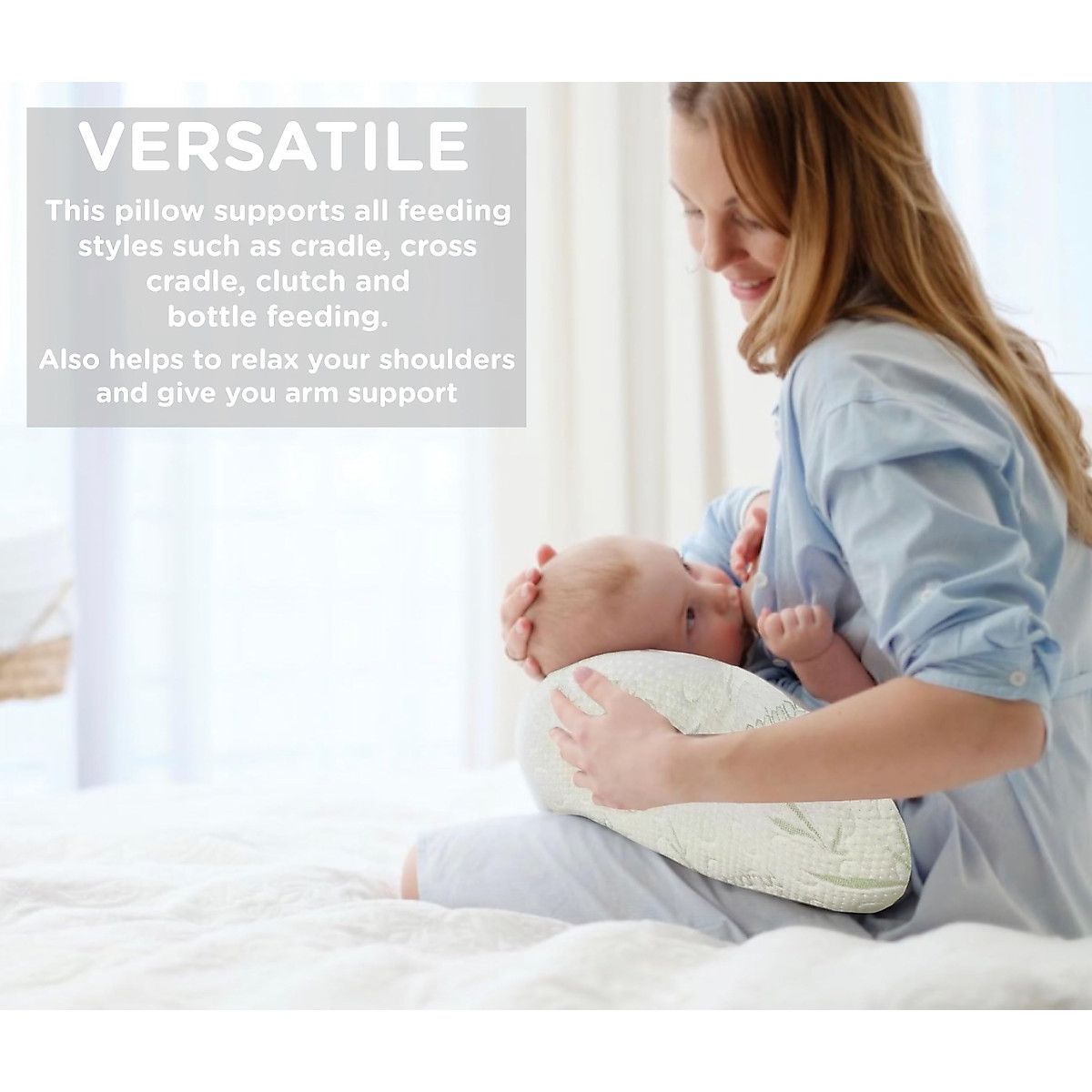 Sacred Thread Nursing Pillow for Breastfeeding - Premium Memory Foam with Removable Rayon Made from Bamboo Cover - Nursing and Posture Support for Mom - Washable Feeding Pillow