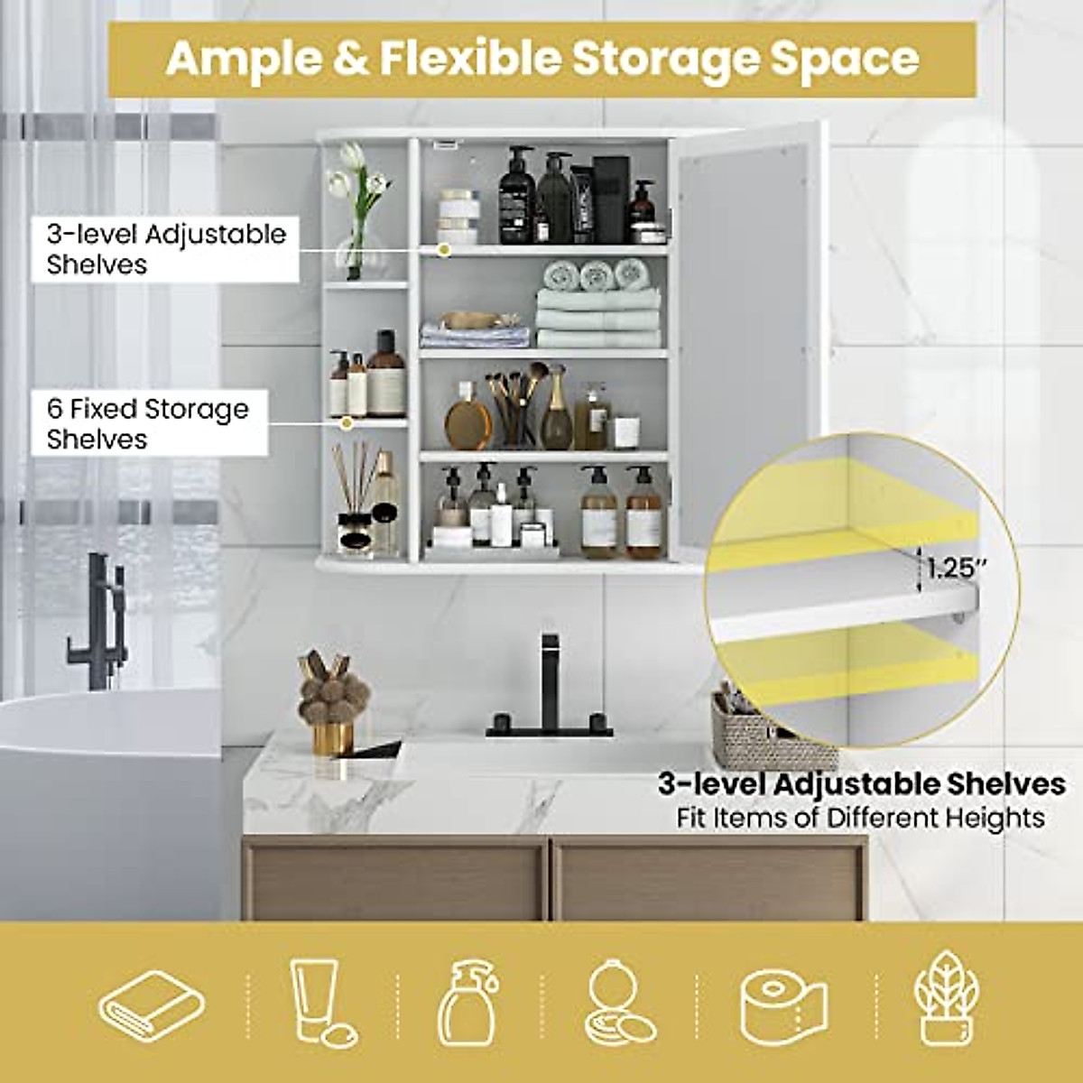 Tangkula Bathroom Medicine Cabinet with Mirror, Wall Mounted Bathroom Storage Cabinet with Mirror Door & 6 Open Shelves, Adjustable Shelves, Mirror Cabinet, Bathroom Wall Cabinet with Mirror (White)