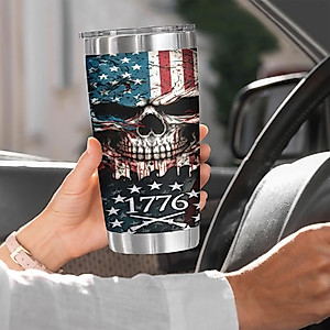 FOCIUZTA 20oz Stainless Steel Tumbler with Lid & Straw, Patriotic Skull Graphic, Vacuum Insulated Travel Mug, Double-Walled Beverage Cup for Coffee, Ice Drinks, Juice, Thermal Cup Gift for Family