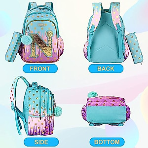 SARHLIO Kids Backpack with Pencil Case, Glitter Galaxy Elementary School Girls School Bag Large 16 Inch Bookbag with Letter N Sparkling Sequin Tower Design