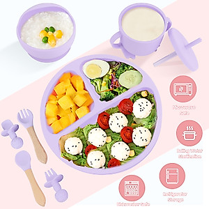 Silicone Baby Feeding Set, Baby Led Weaning Supplies with Suction Bowl Divided Plate, Self Feeding Spoons Forks Sippy Cup Adjustable Bib, Eating Utensils for 6+ Months (Grey Purple)