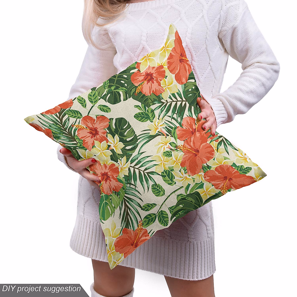 Ambesonne Tropical Fabric Material by The Yard, Exotic Floral Pattern with Plumeria Hibiscus Monstera Palms and Leaves, Decorative Accent for DIY Hobby Upholstery Projects and Home, 1 Yard, Red Yellow