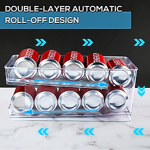 Set of 2 Drink Organizer for Fridge Soda Can Organizer for Refrigerator Automatic Rolling Double Layer Can Dispenser Stackable Can Drink Holder Drink Storage Rack Plastic Beer Dispenser Bin Container
