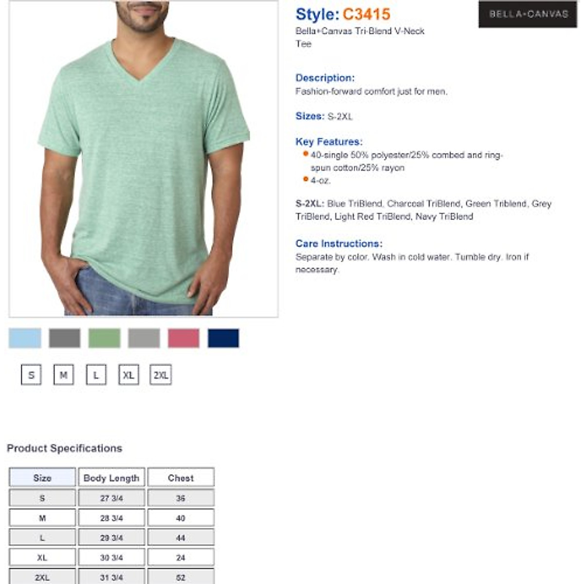 BELLA+CANVAS 3415 Unisex Triblend Short Sleeve V-Neck Tee - Green Triblend44; Large