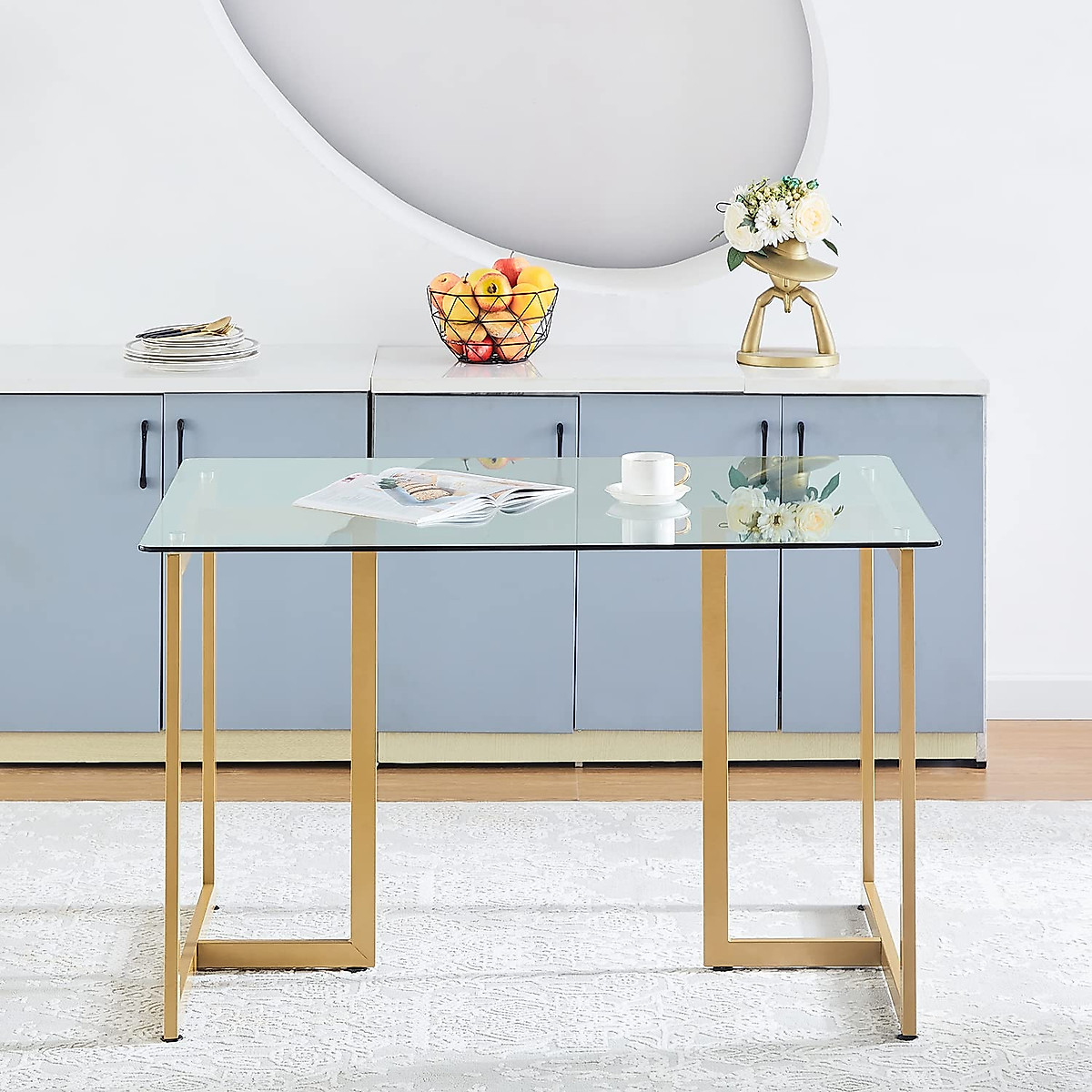 Glass Dining Table for 4 to 6 People, 47.2 Inches Modern Rectangular Dinner Table with Clear Tempered Glass Top & Golden Steel Legs for Home Office Kitchen Dining Room