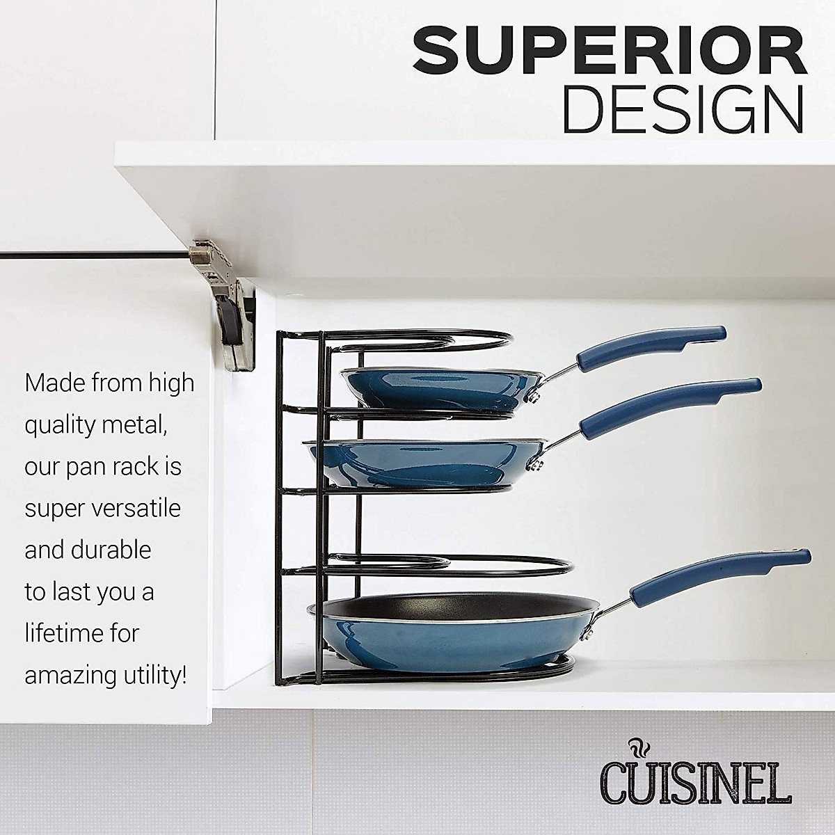 Heavy Duty Pan Organizer, 5 Tier Rack - Holds up to 50 LB - Holds Cast Iron Skillets, Griddles and Shallow Pots - Durable Steel Construction - Space Saving Kitchen Storage - No Assembly Required