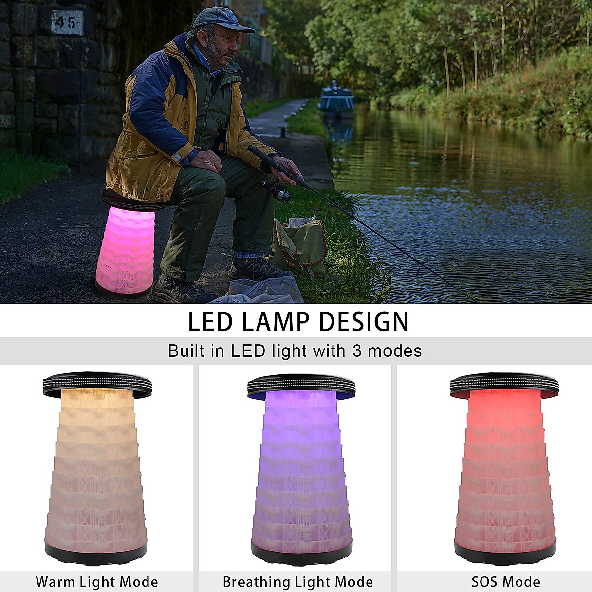 Retractable Folding Stool Portable Stool Collapsible Stool with LED Light 1 Second Open More Sturdy Telescoping Stool Load Capacity 400lbs for Outdoor Fishing Camping Hiking Travelling (Black)