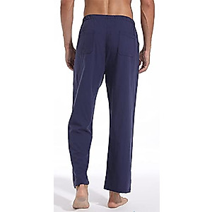 AITFINEISM Men's Casual Cotton Linen Pants Elastic Waist Lightweight Drawstring Summer Pants (42-44, B-Navy)