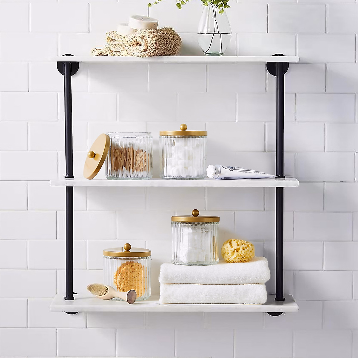 KMwares Glass Qtip Holder Dispenser Set for Cotton Ball, Swab, Round Pads, Floss Picks - Bathroom Canister Storage Organization and Vanity Makeup Organizer (4, Golden)