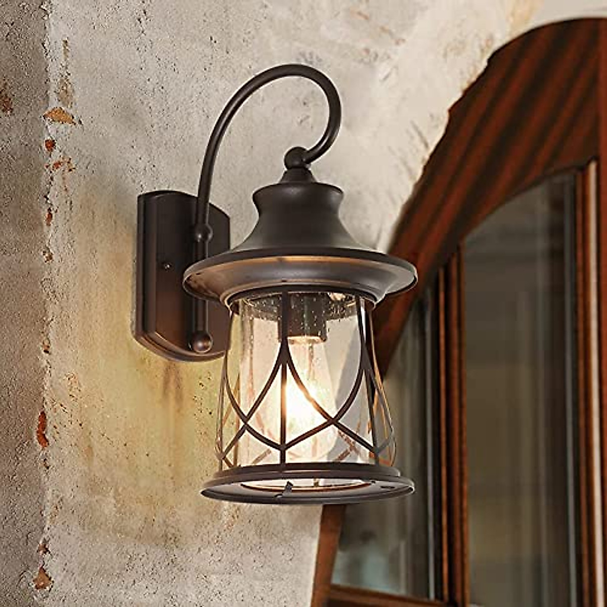 European Outdoor Wall Light Matte Black Fixture 15.7 Inch with Seed Glass Shade Waterproof Outside Wall Mount Garden Home Lamp E27 Sconce for Exterior House Porch Patio Outside