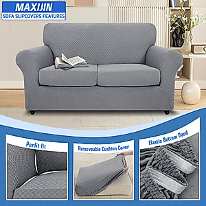 MAXIJIN 3 Piece Jacquard Couch Covers for 2 Cushion Couch Stretch Non Slip Love Seat Couch Cover for Dogs Pet Friendly Elastic Furniture Protector Loveseat Slipcovers (Loveseat, Light Gray)