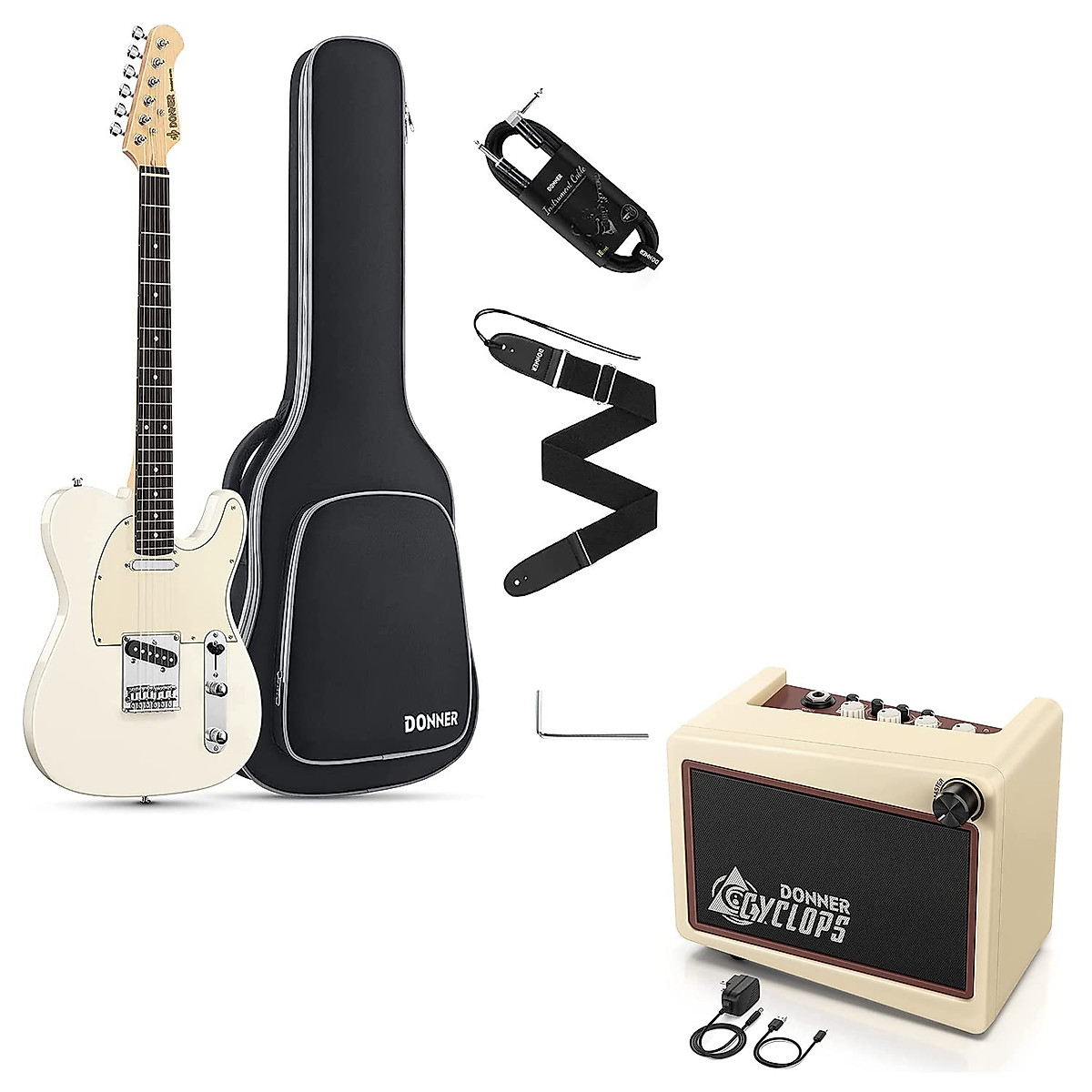 Donner 39 Inch TL Electric Guitar & Mini Guitar Amp Digital, 5W Wireless Small Electric Guitar Amplifier, Cyclops Guitar Combo Amp with 7 Amplifier Models 3 Types of Effects: Mod, Delay, Reverb and Dr