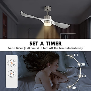 WINGBO 52" DC Ceiling Fan with Lights and Remote, Brushed Nickel and Silver Ceiling Fan, 2 Curved ABS Plastic Blades, 6-Speed DC Motor, Modern Ceiling Fan for Kitchen Bedroom Living Room, ETL Listed