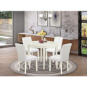 East West Furniture BOAB5-LWH-64 5 Piece Dining Table Set for 4 Includes a Round Kitchen Table and 4 White Faux Leather Upholstered Parson Chairs, 42x42 Inch, Linen White