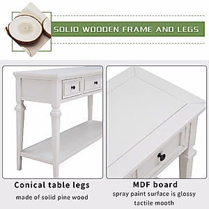 50" Classic Retro Console Table, Solid Wood Sofa Side Table with 3 Top Storage Drawers and Open Style Bottom Shelf for Living Room, Entryway, Hallway and Bedroom, Easy Assembly (Antique White-02)