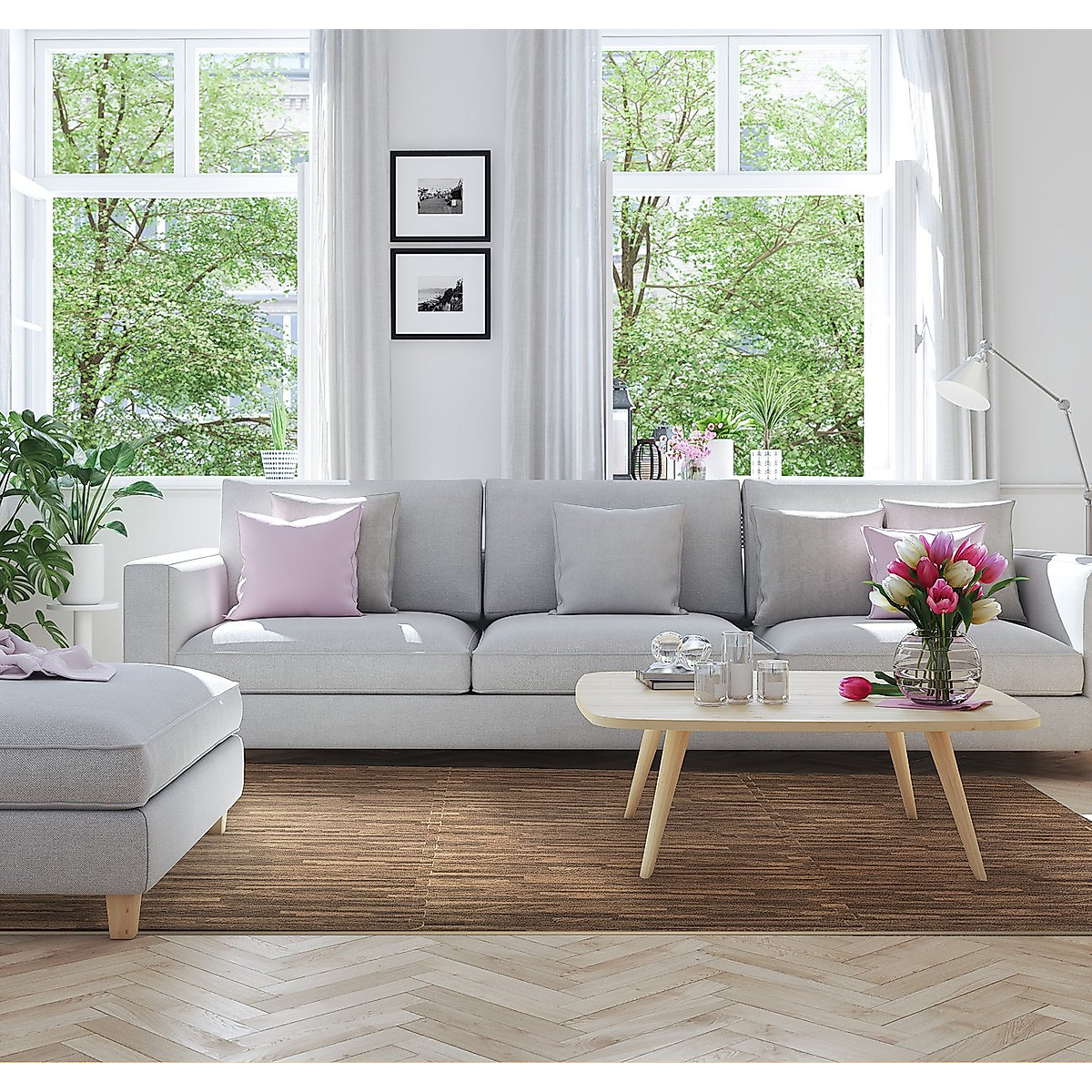 Sorbus 48Sq. Ft. Wood Grain Floor Tiles Foam Mat EVA Interlocking Mats Tile 3/8-Inch Thick Flooring Wood Puzzle Exercise Mats w/Borders - Home Playroom Basement, Apartment, Trade Show, Baby, Dance