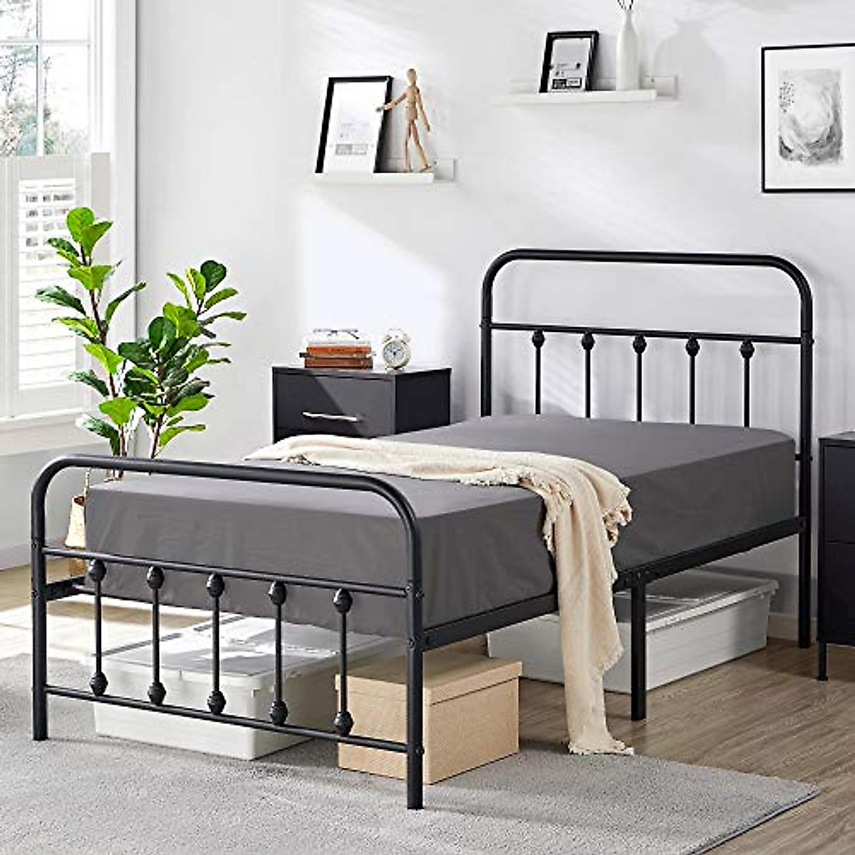 Topeakmart Twin Size Victorian Style Metal Bed Frame with Headboard/Mattress Foundation/No Box Spring Needed/Under Bed Storage/Strong Slat Support Black