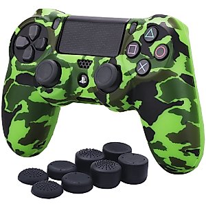 YoRHa Water Transfer Printing Camouflage Silicone Cover Skin Case for Sony PS4/slim/Pro Dualshock 4 Controller x 1(Green) with Pro Thumb Grips x 8