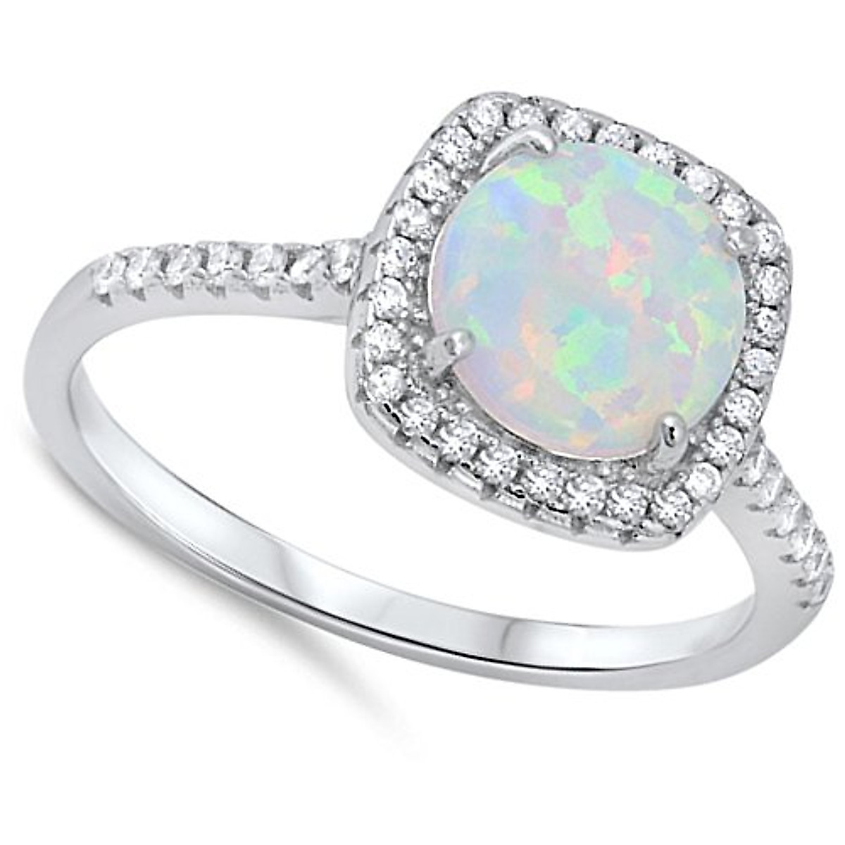 Round White Simulated Opal Micro Pave Halo Ring .925 Sterling Silver Band Size 11