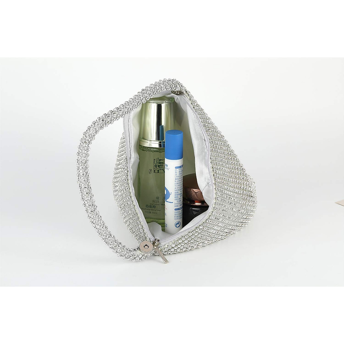 Vgift Rhinestone Purse, Women Sparkle Bling Wristlet Clutch Evening Bag for Prom Party Night Out, Silver