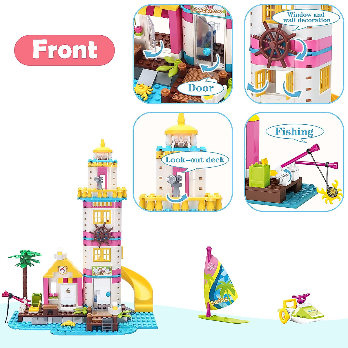 Tblicked Girls Friends Lighthouse Building Toys, Seaside Villa Building Sets 412 Pieces, Beach Fun with Friends Fishing Surfing, Summer Holiday Island Adventures Play Set Gift for Kids Aged 6-12