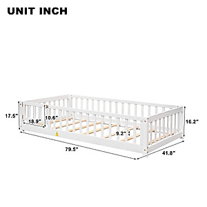 Bellemave Floor Bed for Kids,Twin Size Montessori Floor Bed with Door and Fence,Solid Wood Twin Bed Frame with Removable Slats for Girls Boys,Twin,White
