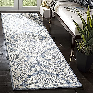 SAFAVIEH Blossom Collection Runner Rug - 2'3" x 12', Blue & Ivory, Handmade Wool, Ideal for High Traffic Areas in Living Room, Bedroom (BLM106M)