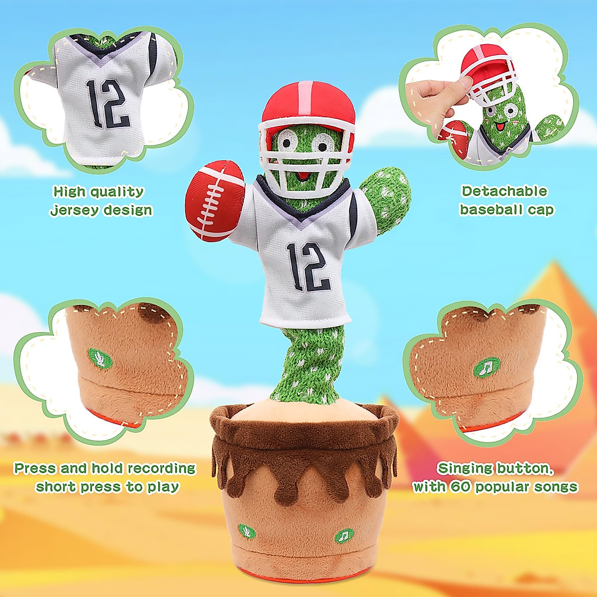 MIAODAM Dancing Football Cactus Toy, Singing, Talking, Record & Repeats What You say with 60 English Songs, Funny Eletronic Baby Toys