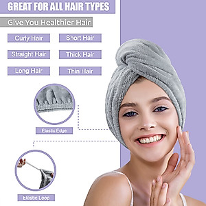 Poyday Microfiber Hair Towel Drying Wrap: 2Pack Head Dry Towel Twist Drying Turban Anti Frizz Long Quick Rapid Absorbent Women Wet Plopping Curly Hair Towel Twisty for Girls Kids Button(Gray/Purple)
